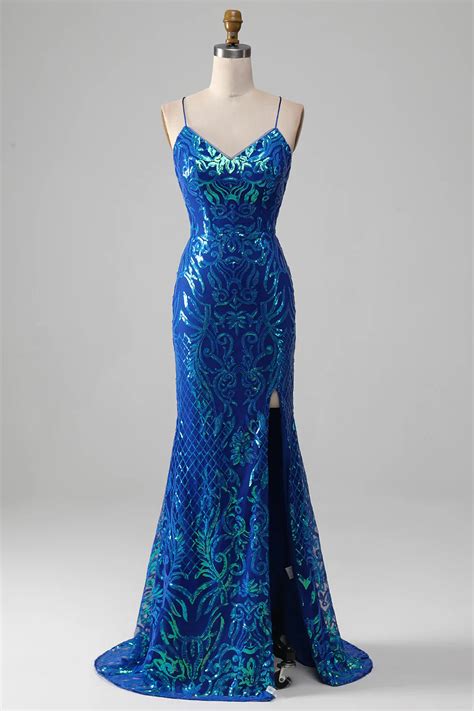 Aerbadress Royal Blue Mermaid Sparkly Prom Dress With Slit Aerba Dress