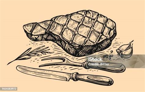 나이프와 포크를 곁들인 구운 쇠고기 송아지 스테이크 음식 개념 요리 손으로 그린 스케치 빈티지 벡터 일러스트 레이 션 소고기에 대한 스톡 벡터 아트 및 기타 이미지 Istock