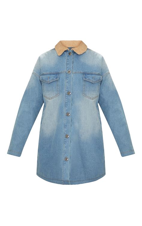 Light Wash Borg Lined Denim Jacket Denim Prettylittlething