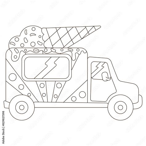Mobile Ice Cream Food Truck From Side View In Black And White Style