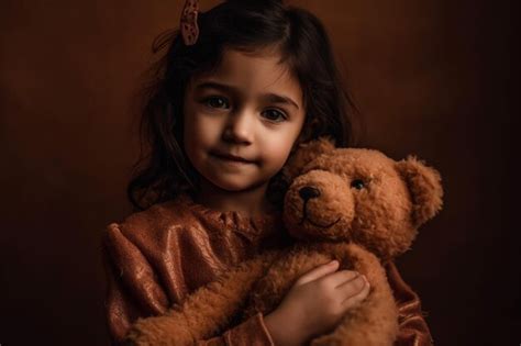 A Girl Is Holding A Teddy Bear And Wearing A Dress Premium Ai