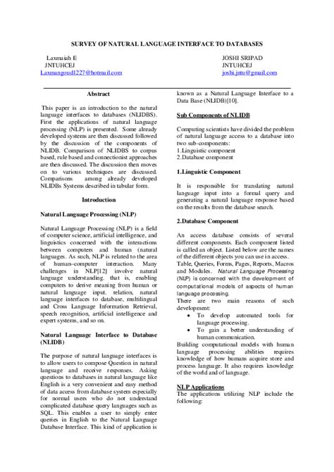 Pdf Survey Of Natural Language Interface To Databases