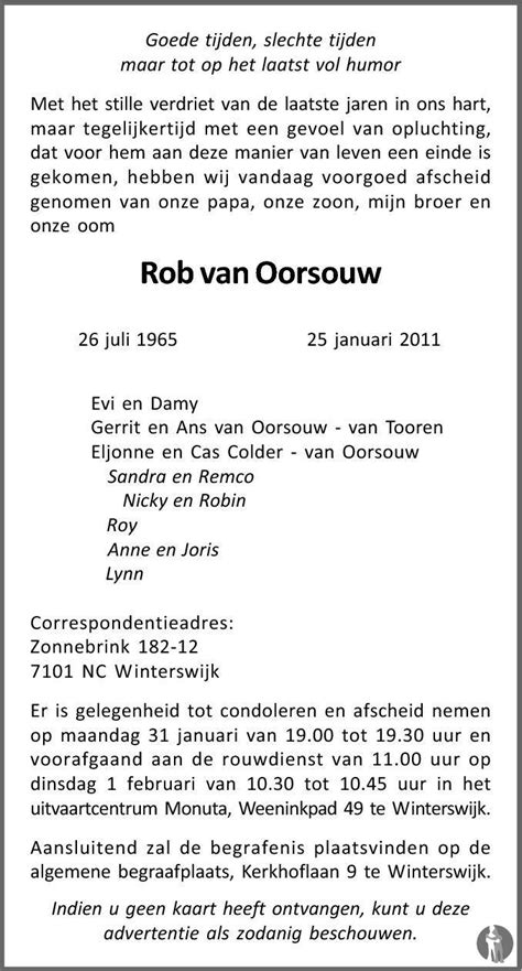 Rob Van Oorsouw 25 01 2011 Overlijdensbericht En Condoleances