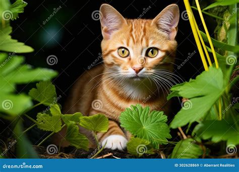 An Orange Tabby Cat Is Hiding In The Bushes Stock Image Image Of Cute