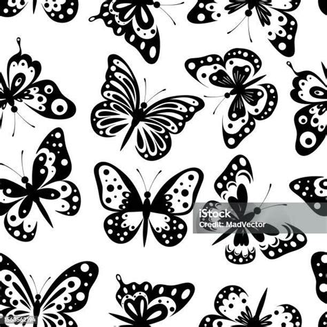 나비가 있는 벡터 원활한 패턴입니다 하얀 배경에 다른 검은 나비들 장식적인 디자인 요소 이음새가 없는 인쇄 벡터 그림 꽃 식물에 대한 스톡 벡터 아트 및 기타 이미지