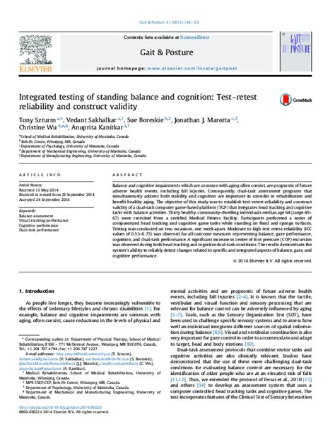 Pdf Integrated Testing Of Standing Balance And Cognition Test Retest