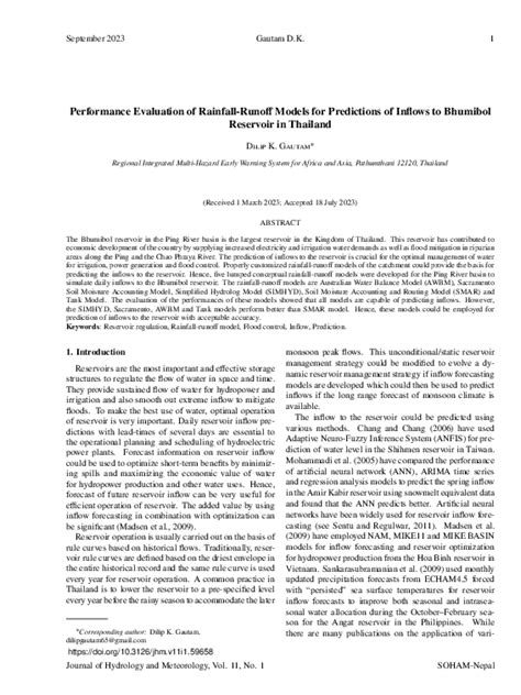 Pdf Performance Evaluation Of Rainfall Runoff Models For Predictions Of Inflows To Bhumibol