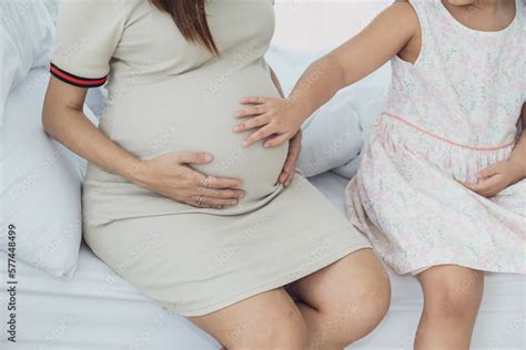 Beautiful Pregnant Woman Touch Her Hand On Her Stomach Female