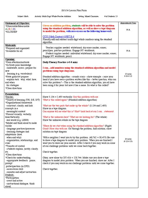 Fourth Grade Mathematics Lesson Plans