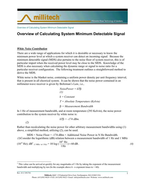 Calculating System Minimum Detectable Signal Mds