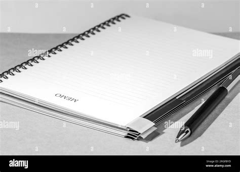 Blank Sheet Of Memo Notebook With A Spiral And Pen On A Gray Textured