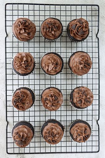 직사각형 검은 색 금속 와이어 냉각 랙 초콜릿 버터 착빙 파이프 소용돌이 초콜릿 조각 흰색 배경 높은 보기에 행에 종이 케이크 케이스에 집에서 만든 초콜릿 컵 케이크의