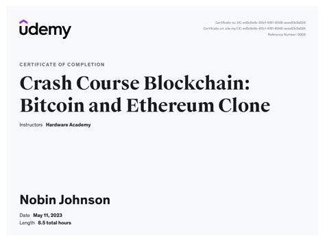 I Have Successfully Completed The Course Crash Course Blockchain Bitcoin And Ethereum Clone