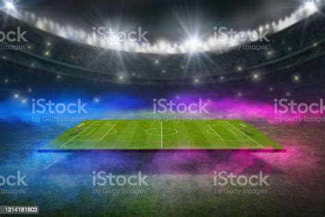 네온 안개와 질감 축구 게임 필드 센터 미드 필드 3d 일러스트레이션 축구에 대한 스톡 사진 및 기타 이미지 축구 E스포츠