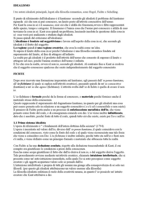 Riassunto Idealismo Fichte Schelling Docsity