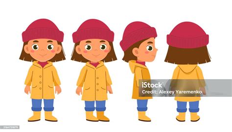 가을 소녀 생성자 노란 비옷과 빨간 모자를 쓴 여고생 애니메이션 제작을 위한 키트입니다 다른 포즈의 캐릭터 팩 플랫 벡터 컬렉션 가을에 대한 스톡 벡터 아트 및 기타 이미지