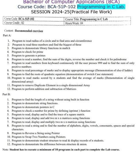 Programming In C Lab Bca Semester I Bca 52p 102 Practical Lab Manual 2024 Nkg Academy