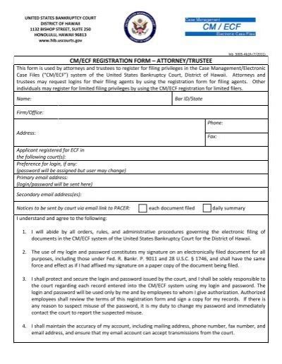 Cm Ecf Registration Form Attorney Trustee Us Bankruptcy Court