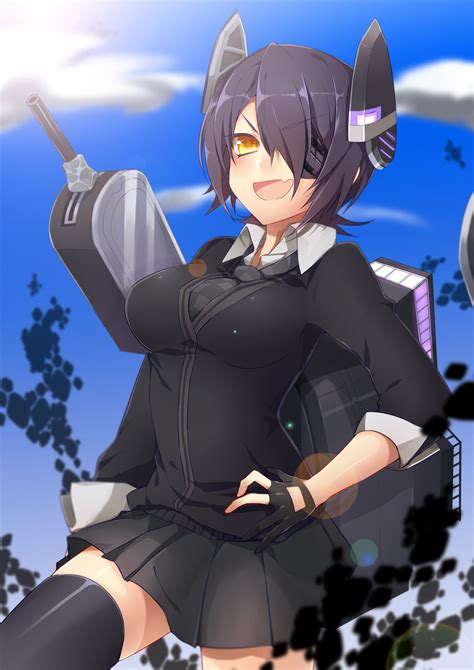 Safebooru 1girl Black Hair Black Legwear Blush Breasts Eyepatch Fang