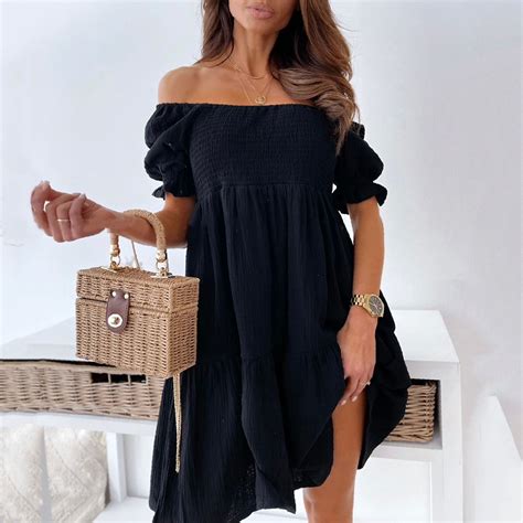 Munlar Short Sleeve Womens Midi Dress Black Off Shoulder Loose Fit