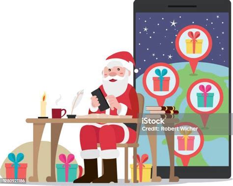 모든 좋은 아이들을위한 선물로 길을 계획하는 의자에 앉아있는 산타를 미소 짓는 산타 12월에 대한 스톡 벡터 아트 및 기타 이미지 12월 가방 겨울 Istock