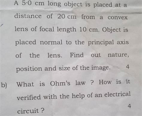 A 50 Cm Long Object Is Placed At A Distance Of 20 Cm From A Convex Lens