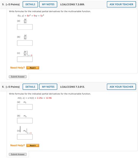 Solved Write Formulas For The Indicated Partial Derivatives