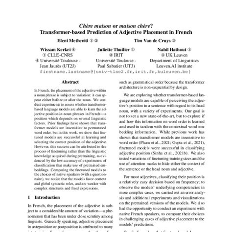 Chère Maison” Or Maison Chère” Transformer Based Prediction Of Adjective Placement In French
