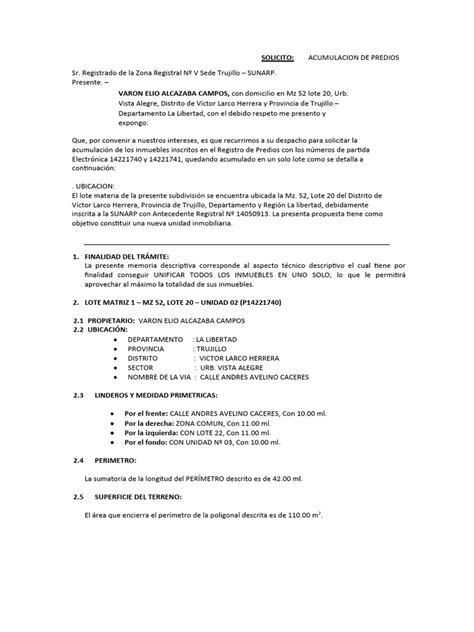 Documento Privado Del Propietario Con El Detalle De Los Predios A