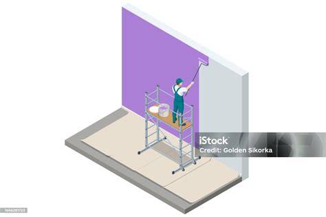 아이소메트릭 작업자가 벽을 칠하고 있습니다 작업을 위한 플랫폼을 제공하는 광범위한 비계 비계에 대한 스톡 벡터 아트 및 기타