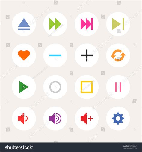 Media Player Control Button Ui Icon Set Color On White Set Simple Circle Sticker