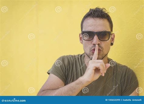 Close Up Shot Of Handsome Male With Shhh Gesture Stock Image Image Of