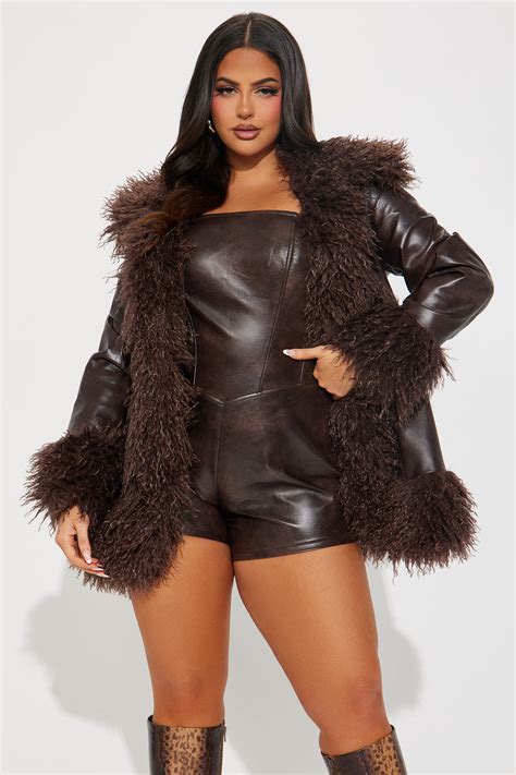Shes Fierce Fur Trim Faux Leather Romper Set Brown Fashion Nova