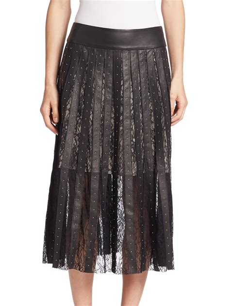 Alice Olivia Tianna Lace Panel Leather Midi Skirt In Black Lyst