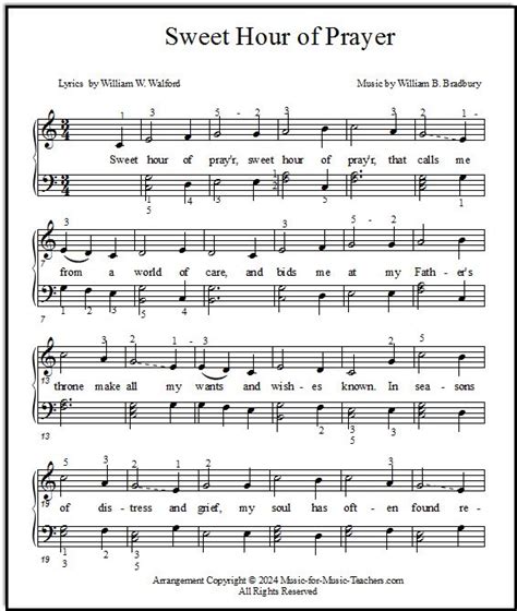 Sweet Hour Of Prayer Hymn Sheet Music For Late Elementary Piano