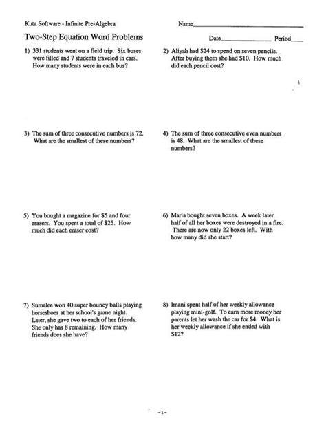 Creating Equations From Word Problems Worksheets