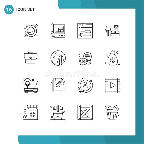 Pictogram Set Of 16 Simple Outlines Of Case Gallery Development Sofa Lump Stock Illustration