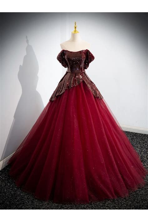 Off Shoulder Burgundy Long Tulle Ballroom Prom Gown With Sequin Bodice