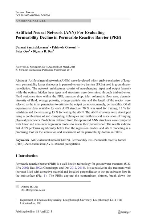 Pdf Artificial Neural Network Ann For Evaluating Permeability Decline In Permeable Reactive