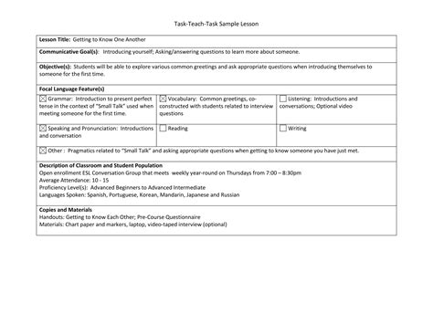 Task Based Instruction Task Teach Task Lesson Plan Templatepdf