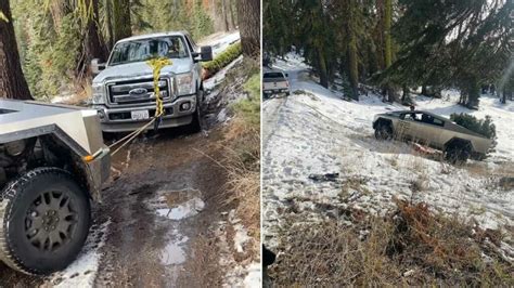 Tesla Cybertruck Gets Stuck Off Road Rescued By Ford Pickup Truck