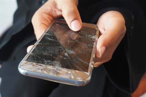 Close Up Of Woman Hand Holding Broken Smart Phone Stock Image Image