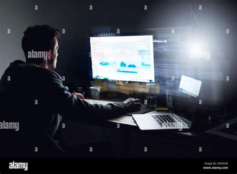 Computer Screen Hacking And Man With Programming Overlay For Firewall