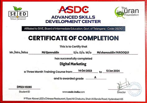 Completed Digital Marketing Course With Asdc Md Qamruddin Posted On