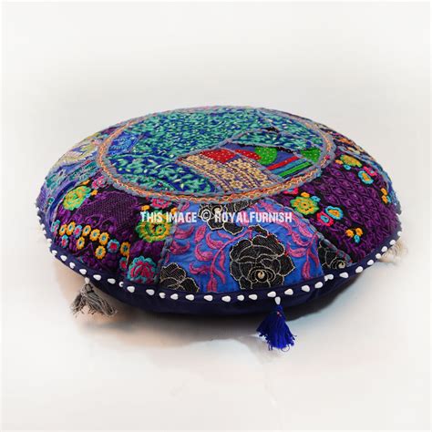 Blue Colorful One Of A Kind Patchwork Round Yoga Meditation Floor Pillow Cover 22 Inch