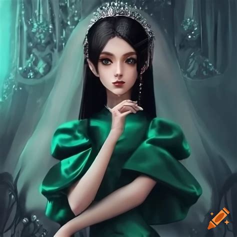 Illustration Of A Beautiful Princess In A Green Satin Dress On Craiyon