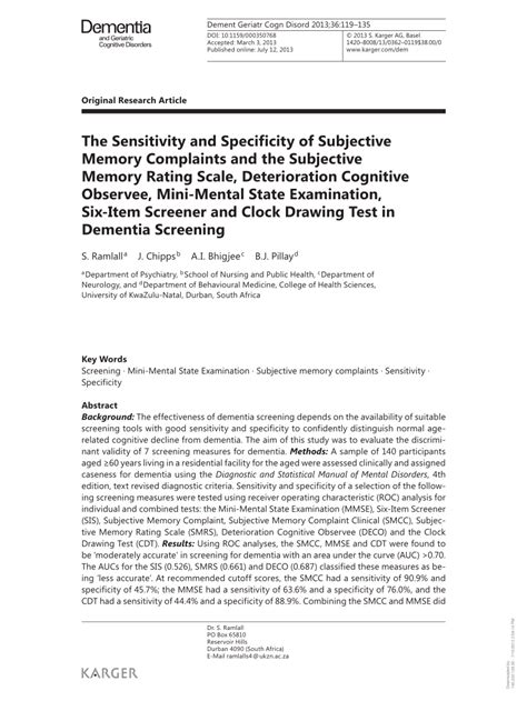 Pdf The Sensitivity And Specificity Of Subjective Memory Complaints