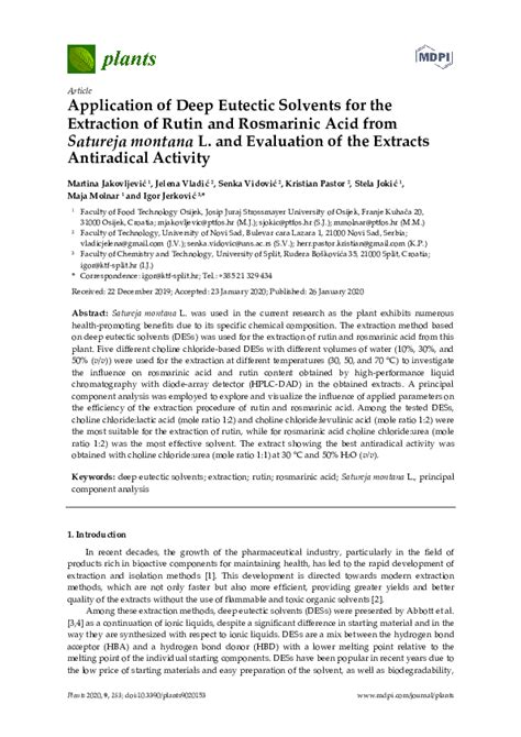 Pdf Application Of Deep Eutectic Solvents For The Extraction Of Rutin And Rosmarinic Acid From