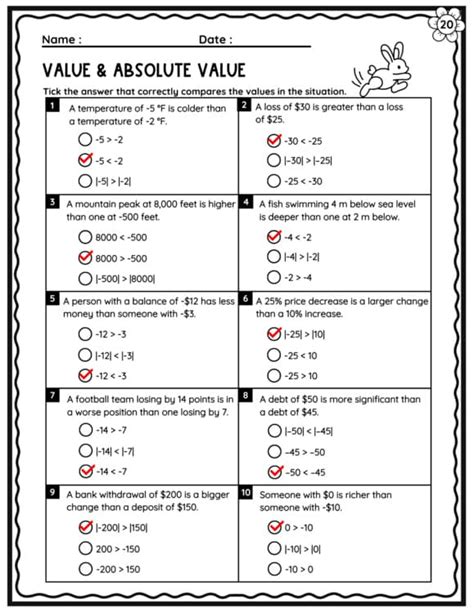 6th Grade Rational Numbers And Absolute Value Comparing Ordering Worksheets