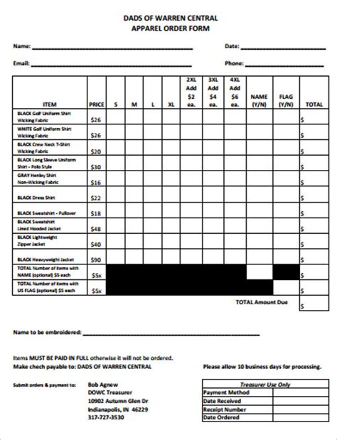 Printable Apparel Order Forms Printable Forms Free Online